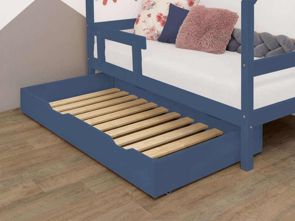 Under Bed Wooden Drawer with two cutouts BUDDY on Wheels